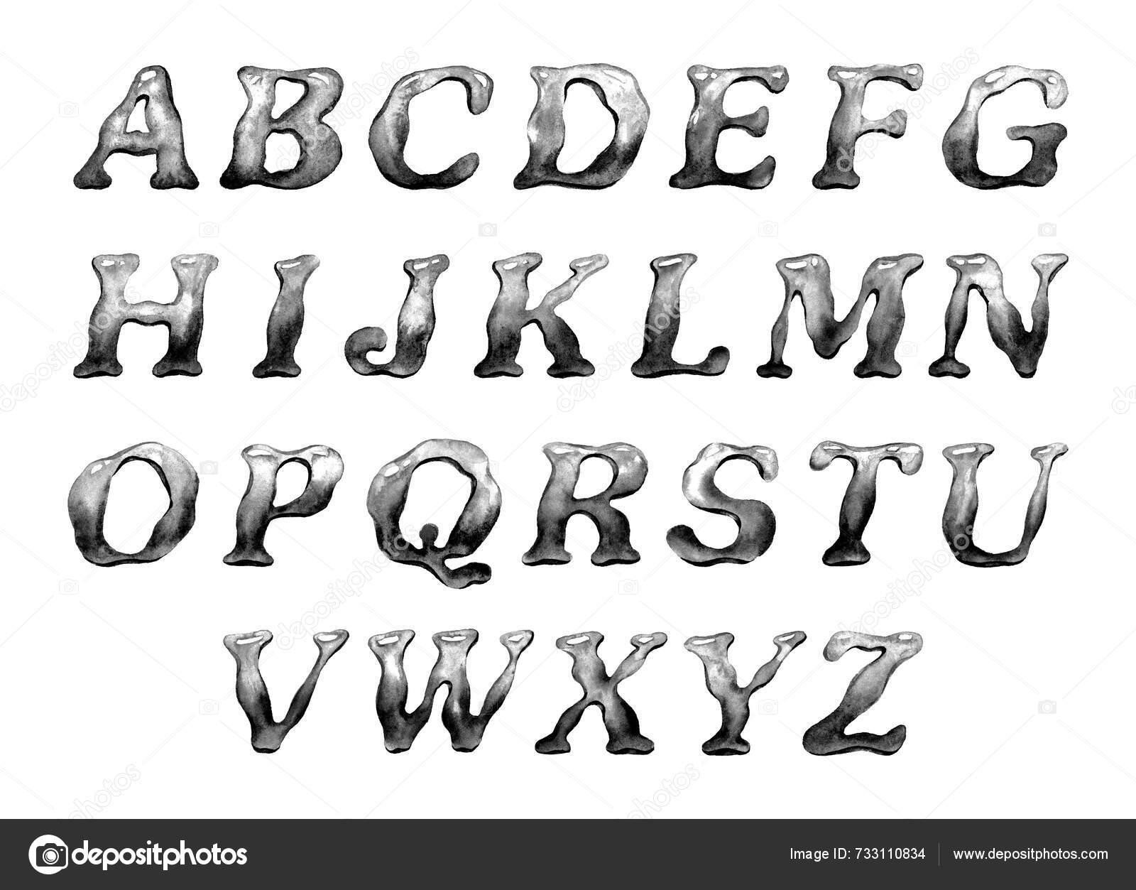 Black White Watercolor Alphabet Featuring Uppercase Letters Organic ...