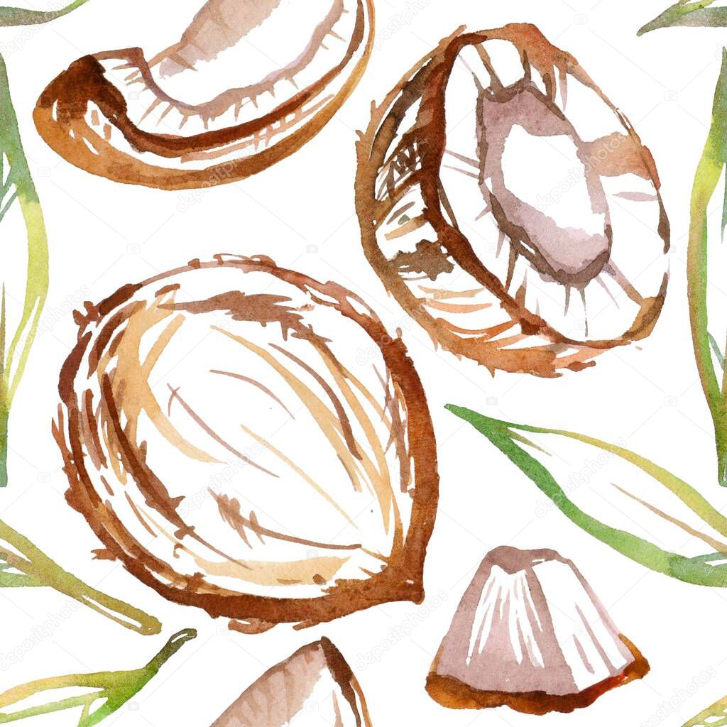 Patrón de acuarela sin costuras con cocos, rodajas de coco y hojas ...