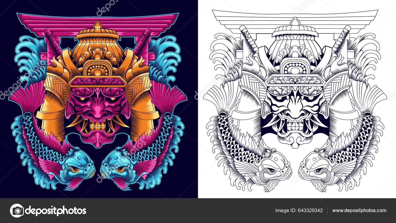 Oni Maske Mit Koi Fischen Und Tori Tor Vektorillustration Detailreichen ...