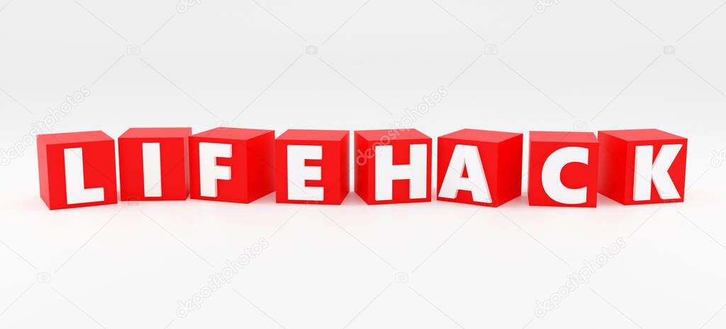 Inscripción roja de lujo lifehack en podio gris, luz suave, vista frontal fondo liso, 3d ...