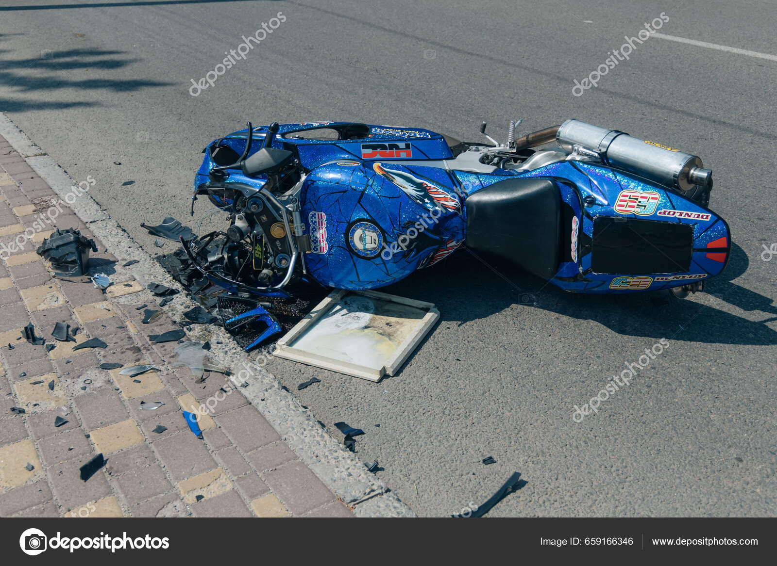 Motorcycle Lies Pavement Traffic Accident Damaged Motorcycle Lay Paved ...