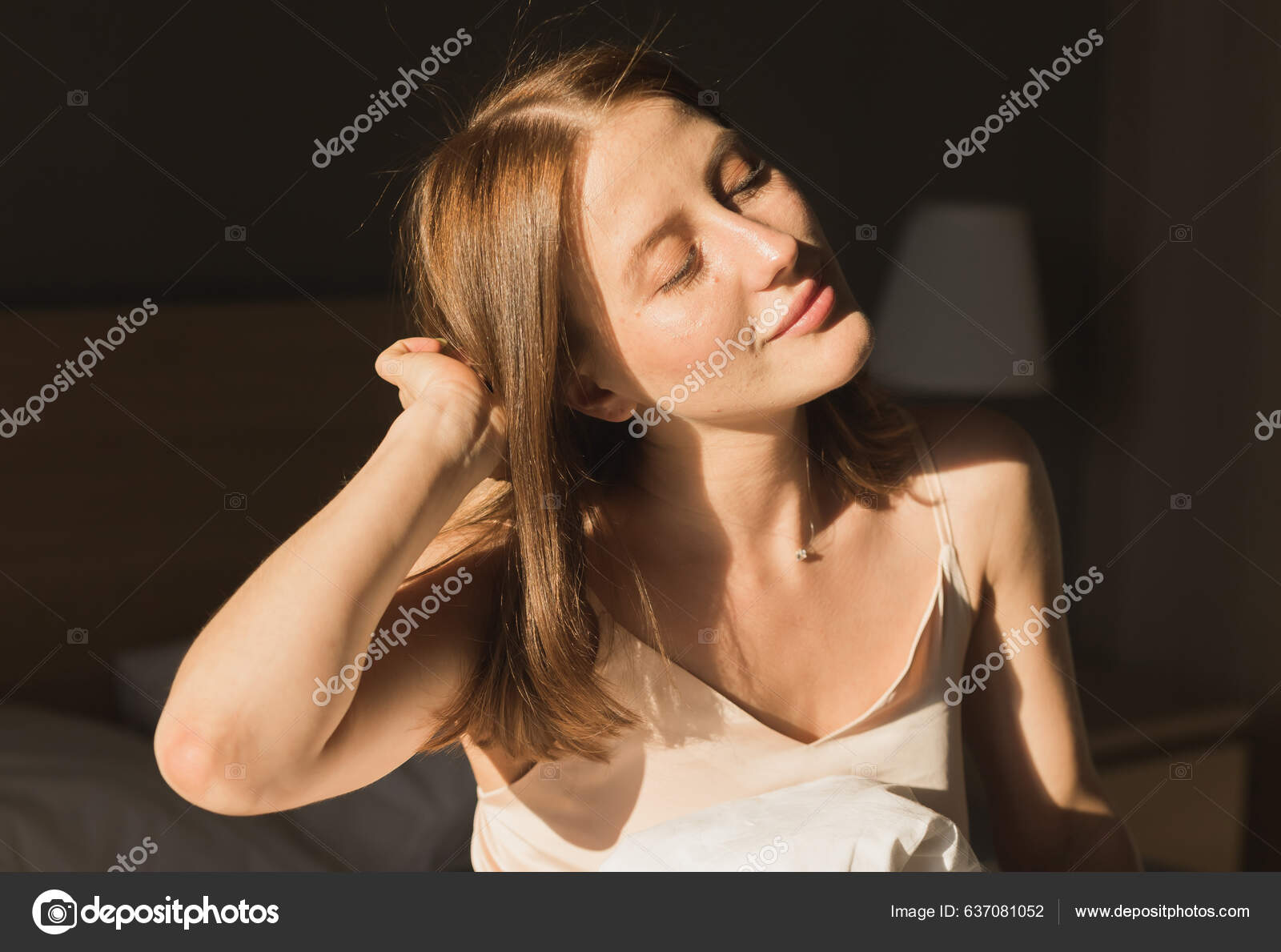 Beautiful Woman Waking Her Bed She Smiling Stretching — Stock Photo ...