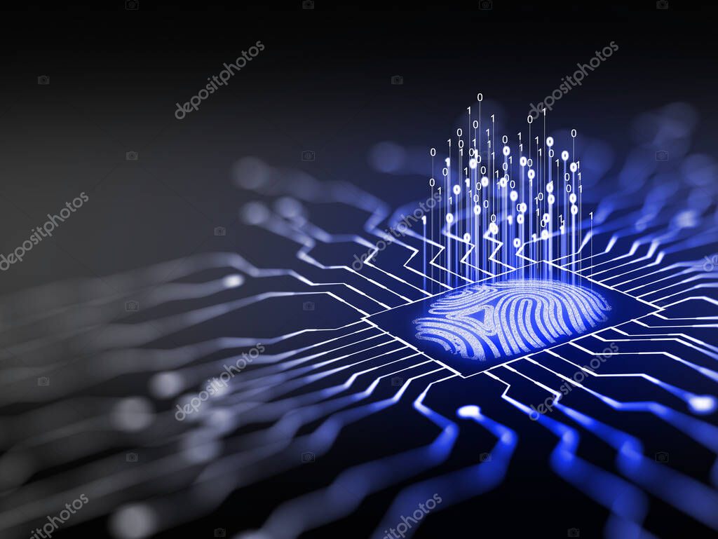 Glowing 3D fingerprint in an electronic circuit release binary codes and are ready to be scanned ...