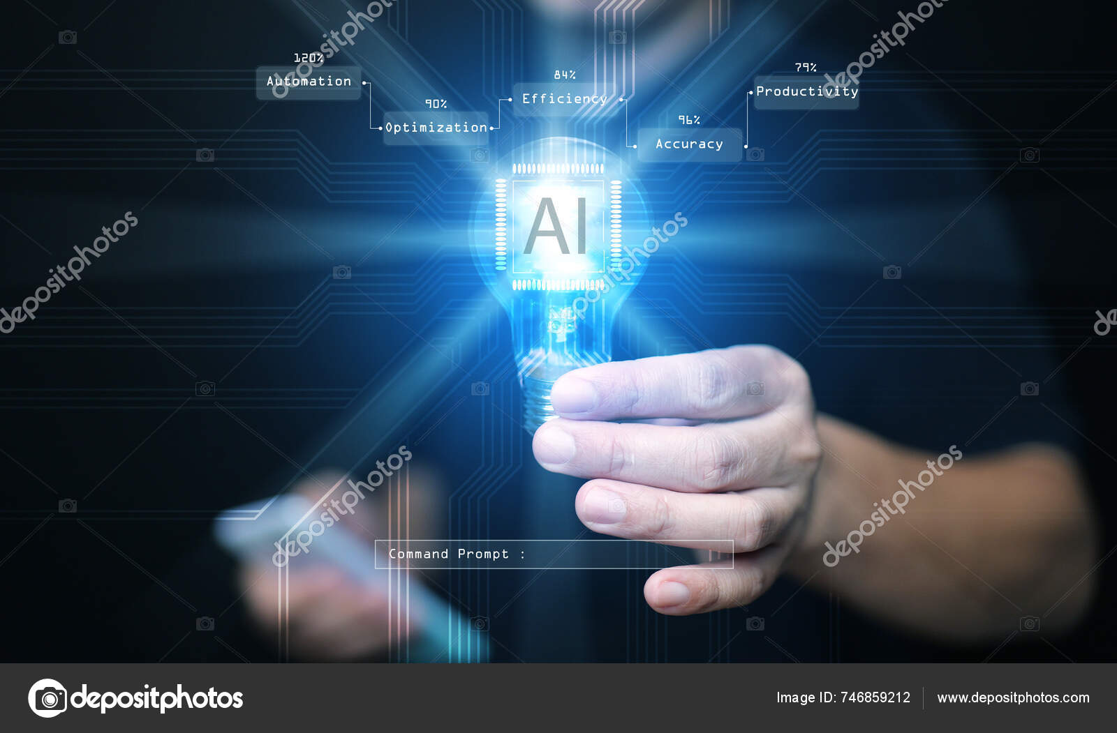 Technology Concept Man Holds Illuminated Light Bulb Smart Chip Prompt ...