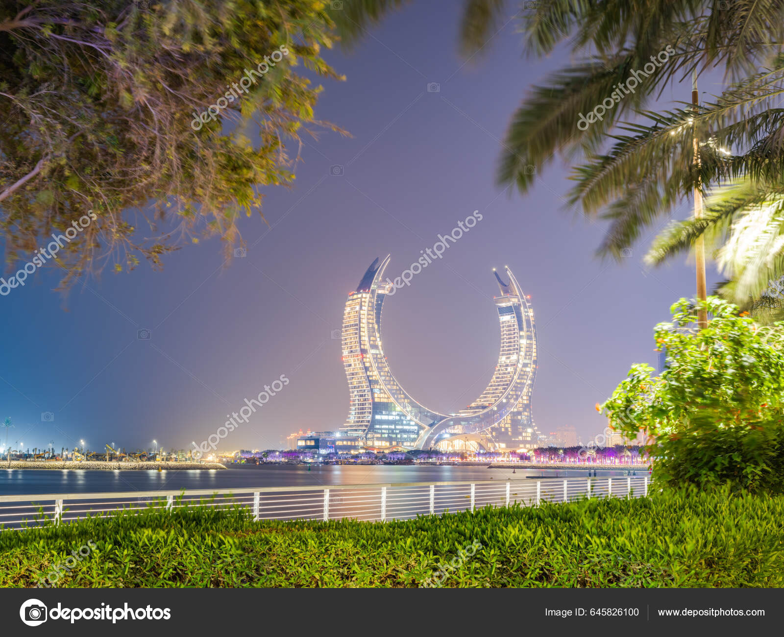 Lusail Beachfront Park Modern Buildings Night Doha Qatar – Stock ...
