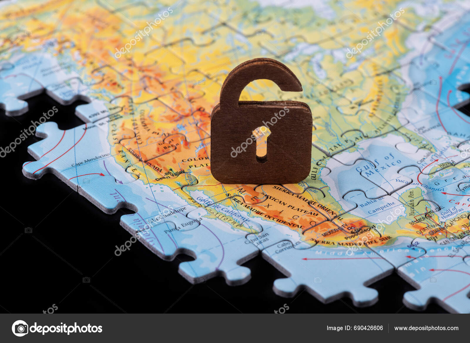 Symbolic Wooden Lock Border Mexico United States Map North America ...