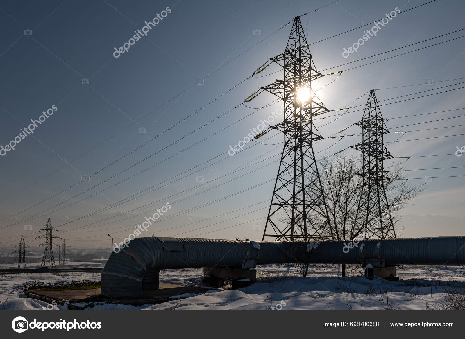 High Voltage Power Transmission Lines Winter Day — Stock Photo ...