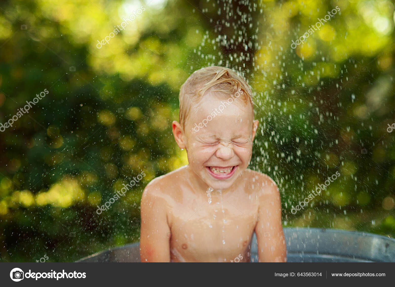 Happy Little Boy Enjoying Relaxing Splashing Water Stock Photo by ...