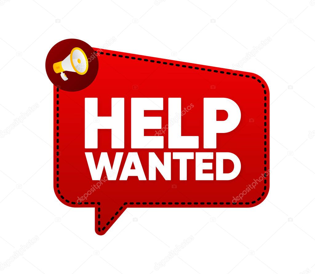 Banner de megáfono con la inscripción Help Wanted. Banner rojo sobre ...
