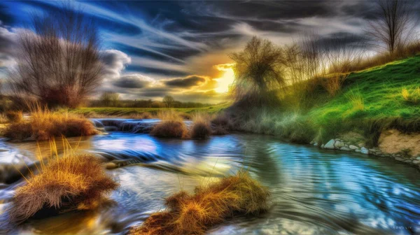 beautiful magical view of a lovely flowing stream in the forest - Stock ...