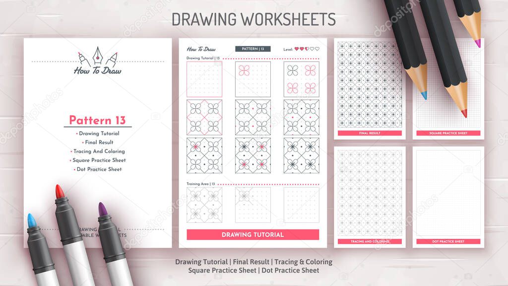 How to Draw a Pattern. Step by Step Drawing Tutorial. Draw Guide Worksheet. Simple Instruction ...