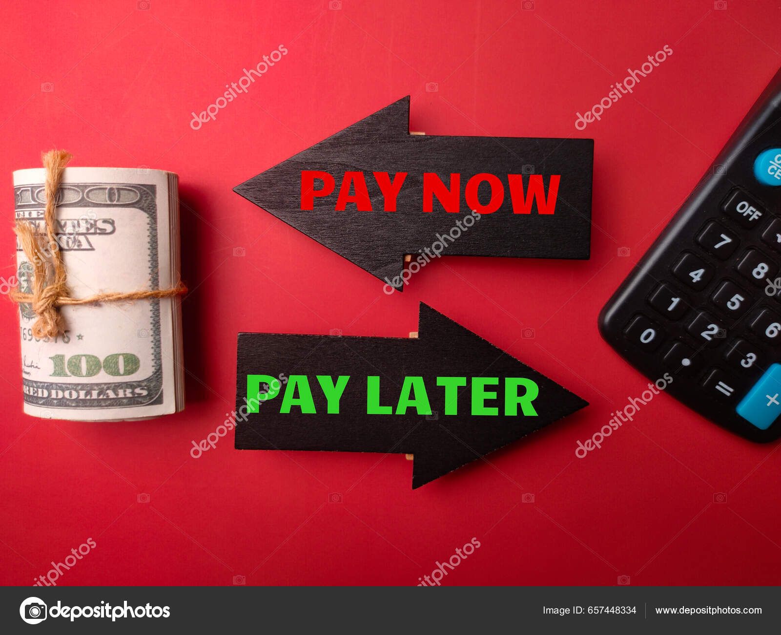 Billetes Calculadora Con Palabra Paga Ahora Paga Después Sobre Fondo ...