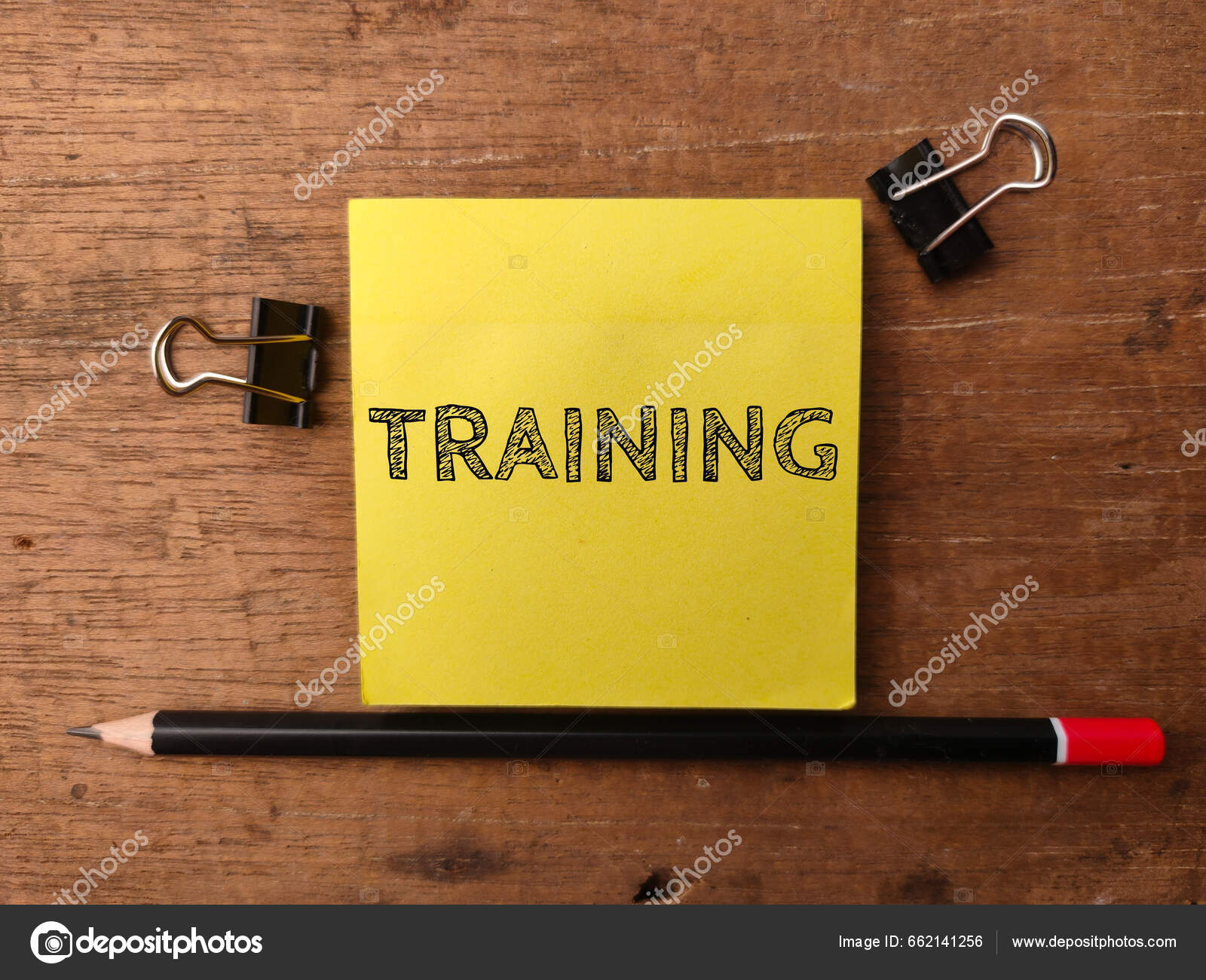 Colored Note Pencil Word Training Wooden Background Stock Photo by ...