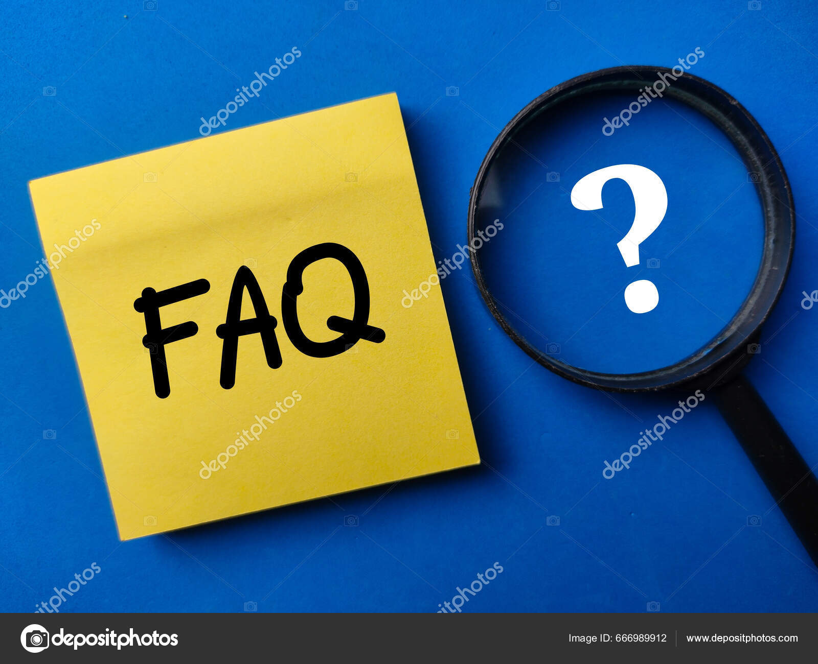 Magnifying Glass Sticker Note Word Faq Blue Background — Foto de stock ...