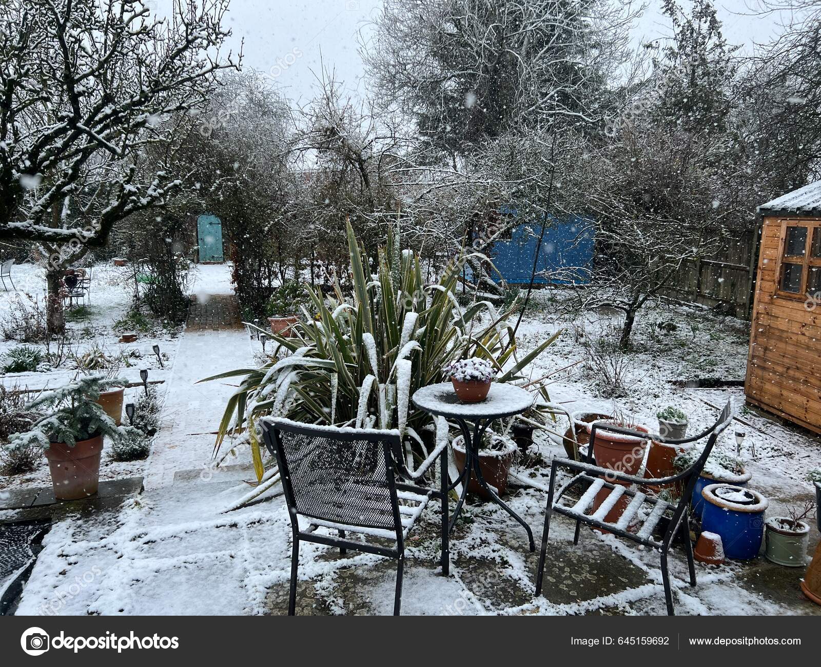 Snowfall Landscape Winter Garden Layer Snow Stone Patio Grass Lawns ...