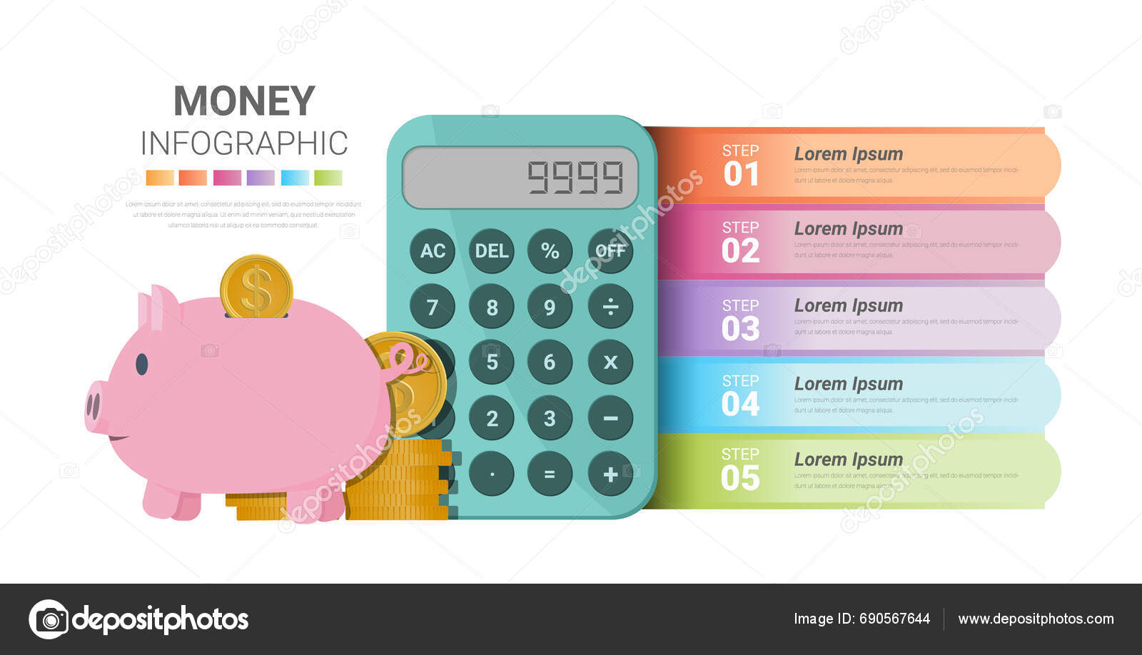 Piggy Bank Gold Coins Calculator Infographics Labels Keep Accumulate ...