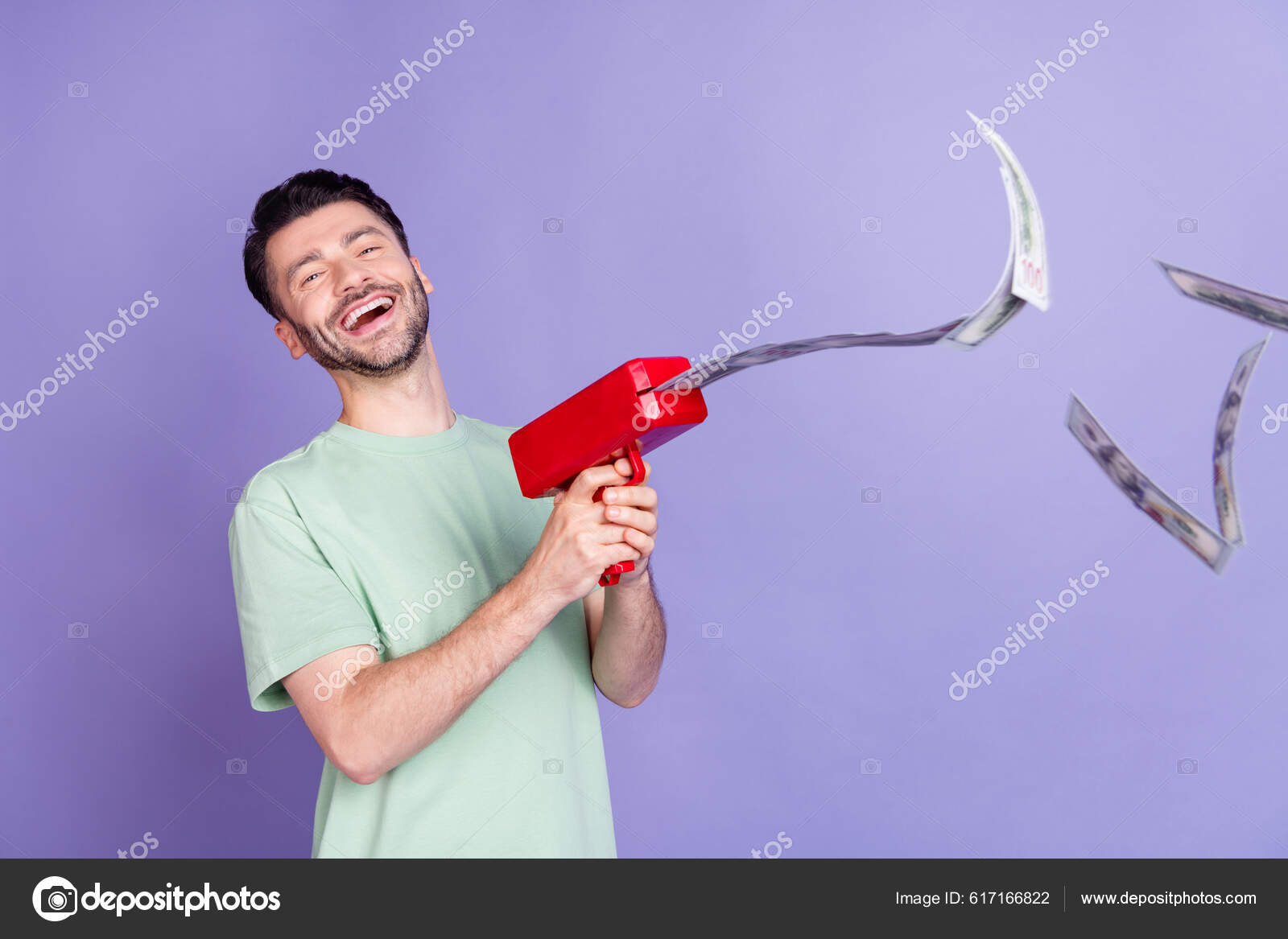 Photo Portrait Nice Young Man Shooting Money Gun Wealthy Banknotes ...