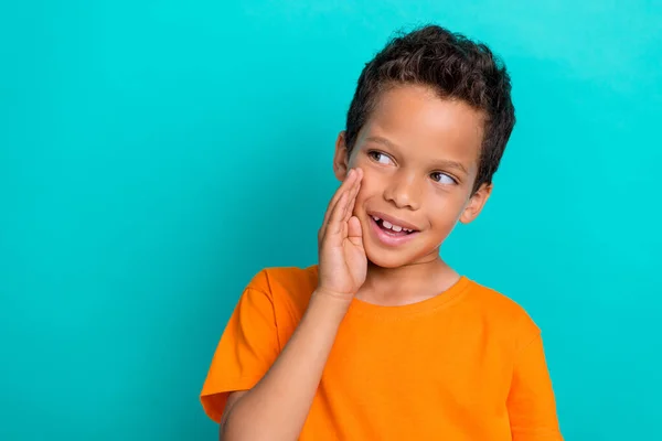Photo of charming funny little guy dressed orange t-shirt screaming ...