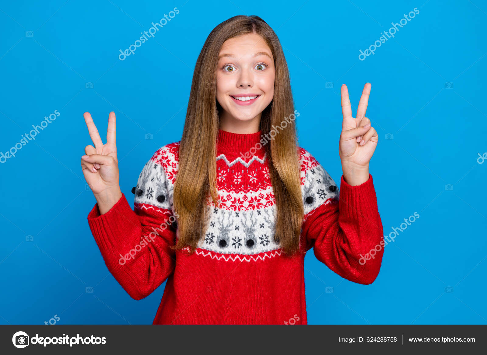 Photo Positive Friendly Lady Raise Two Hands Showing Sign Symbol Stock ...