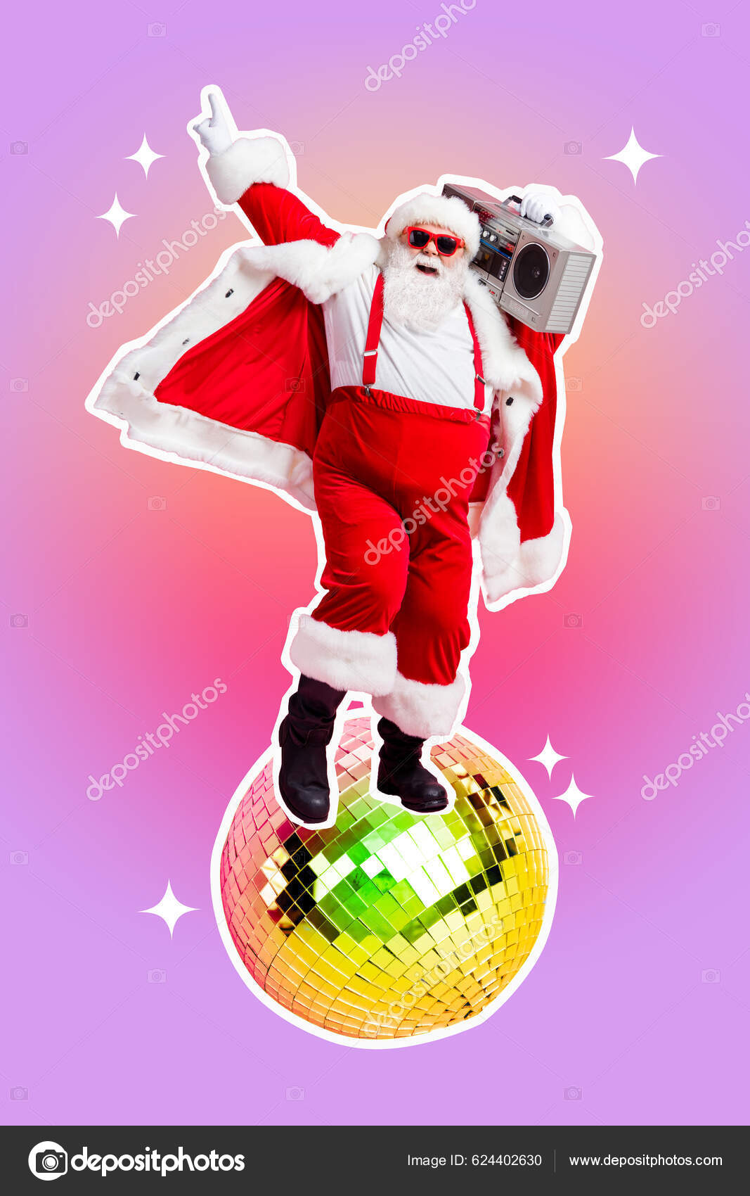 Vertical Collage Picture Carefree Funky Aged Santa Stand Big Disco ...