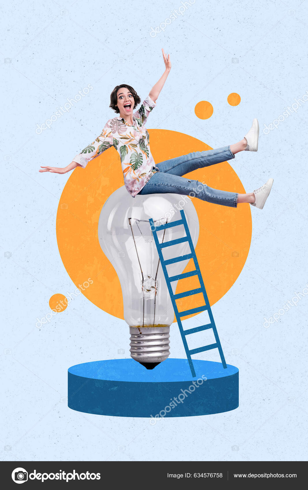 Photo Collage Cartoon Comics Sketch Picture Funky Smiling Lady Rising ...