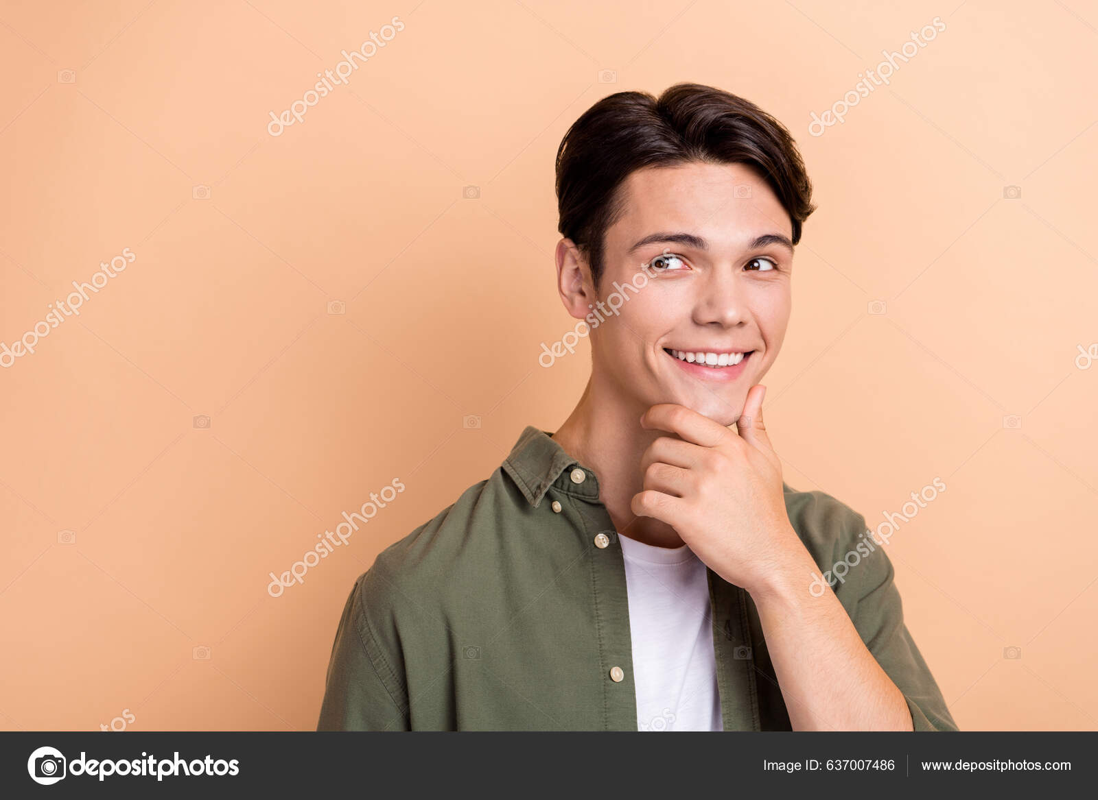 Portrait Positive Smart Minded Person Arm Touch Chin Look Empty — Stock ...