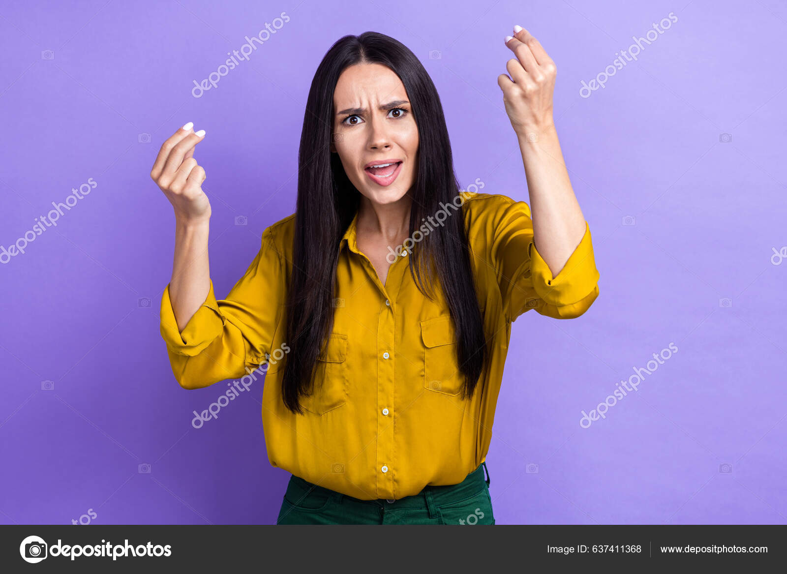 Photo Angry Aggressive Lady Dressed Stylish Clothes Showing Arms ...