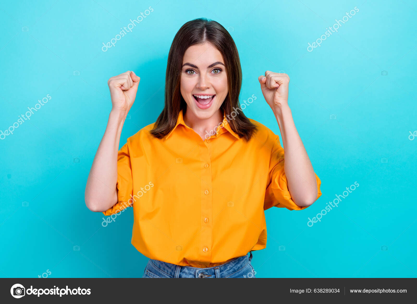 Photo Positive Overjoyed Woman Straight Hairdo Wear Yellow Shirt