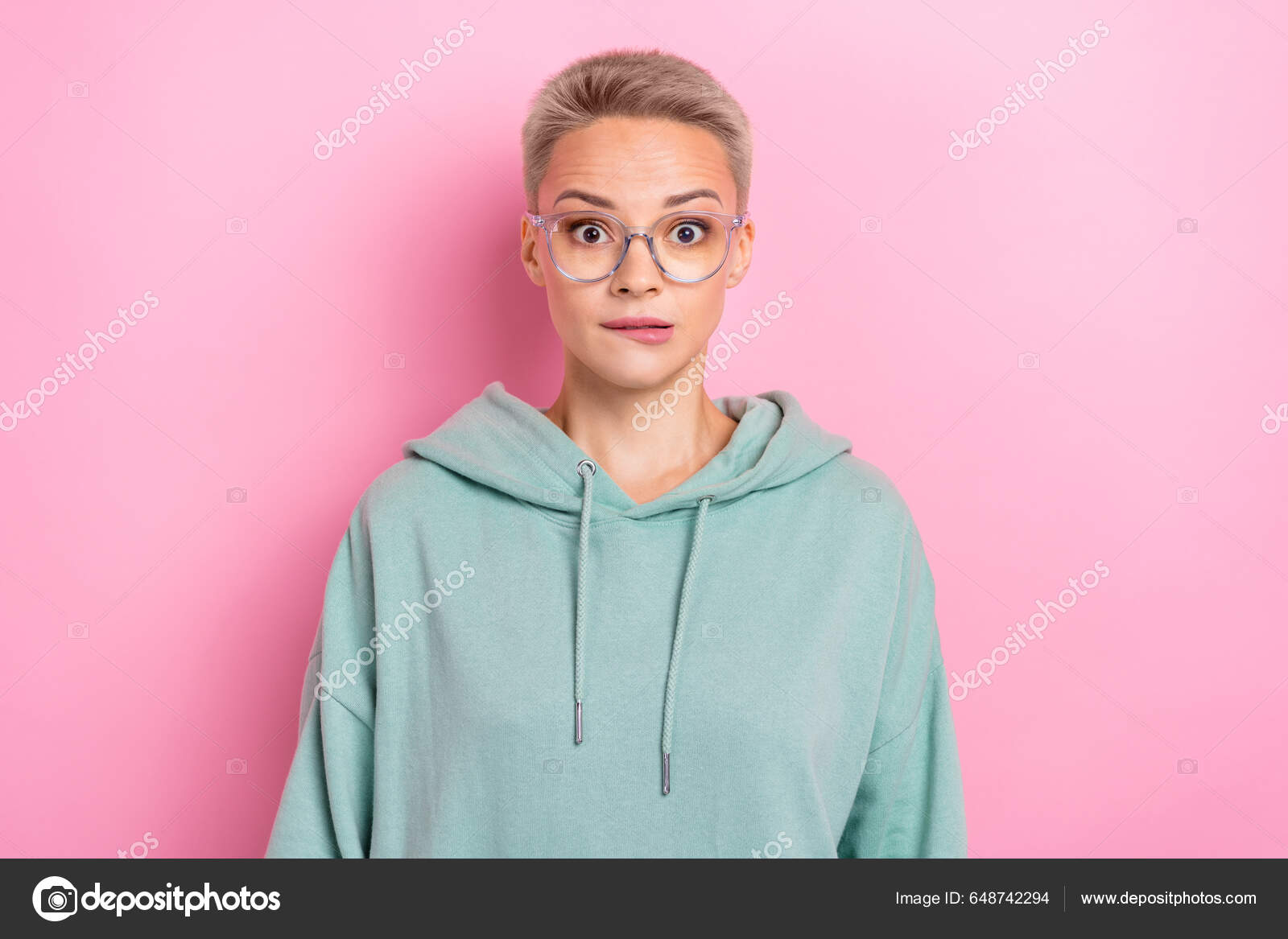 Photo Portrait Lovely Young Lady Confused Facial Expression Bite Lips ...