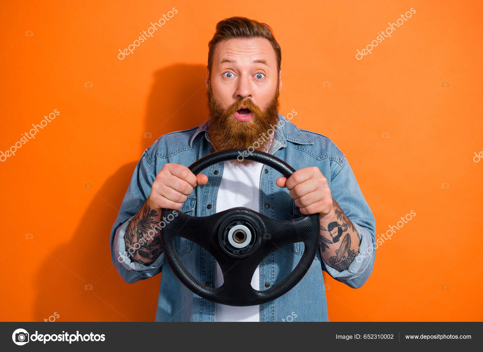 Photo Excited Hipster Guy Irish Driver Hold Steering Wheel His Stock ...