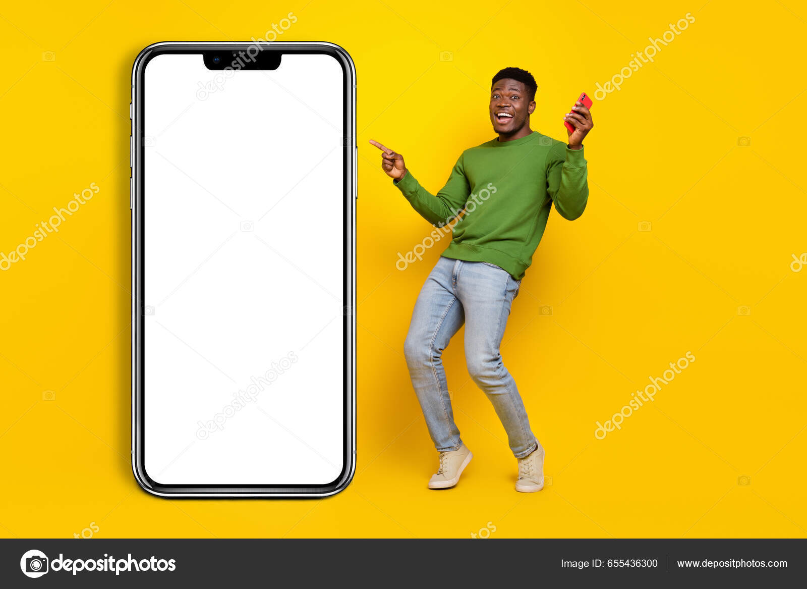 Full Body Length Photo Diversity Male Stand Big Smart Phone — Stock ...