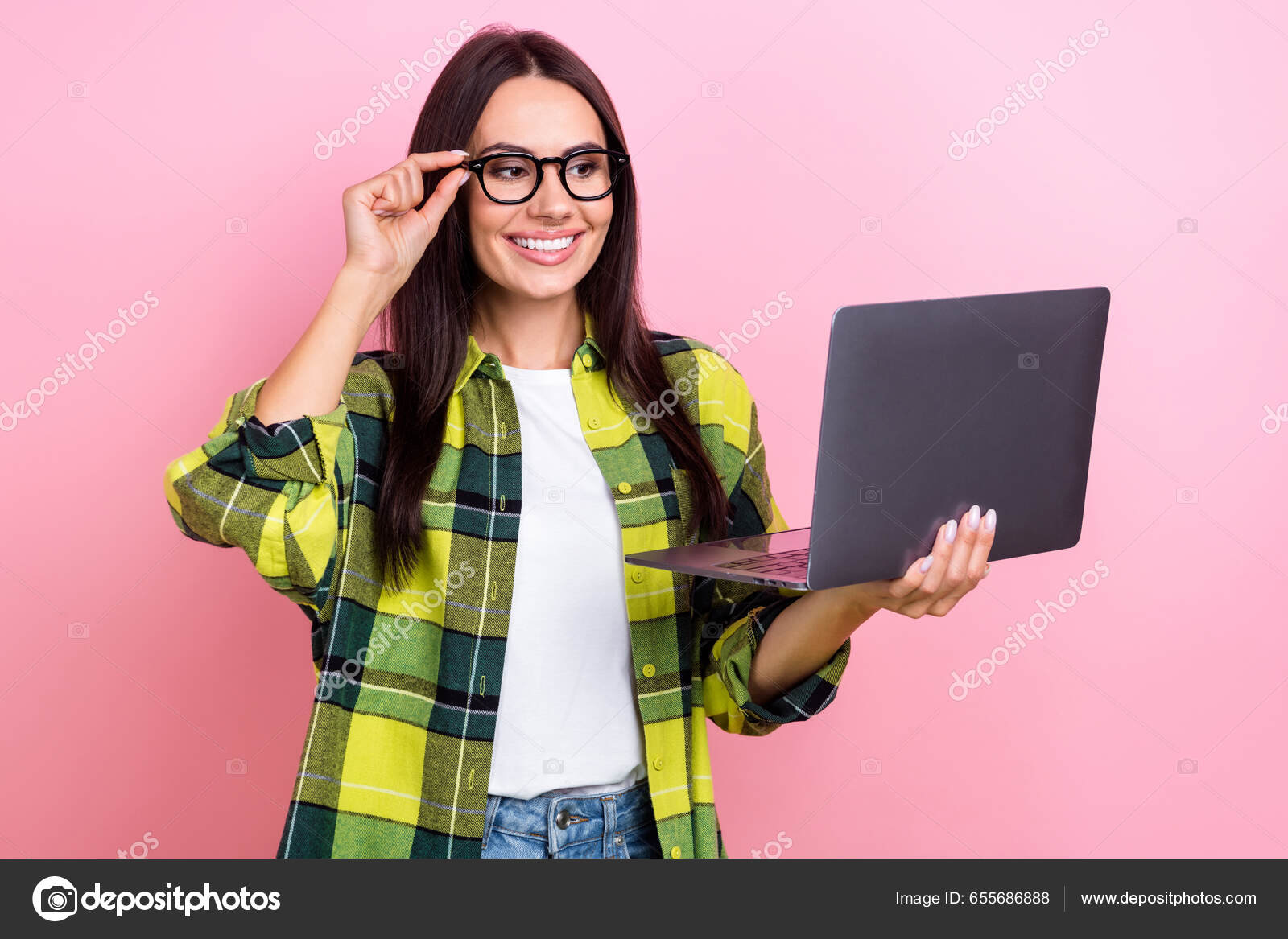 Portrait Cheerful Intelligent Person Long Hairstyle Wear Plaid Shirt ...