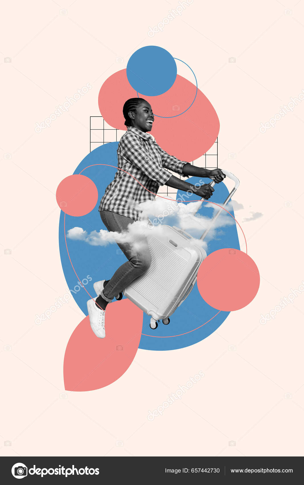 Photo Absurd Flying Collage Girl Riding Luggage Departure Arrival ...