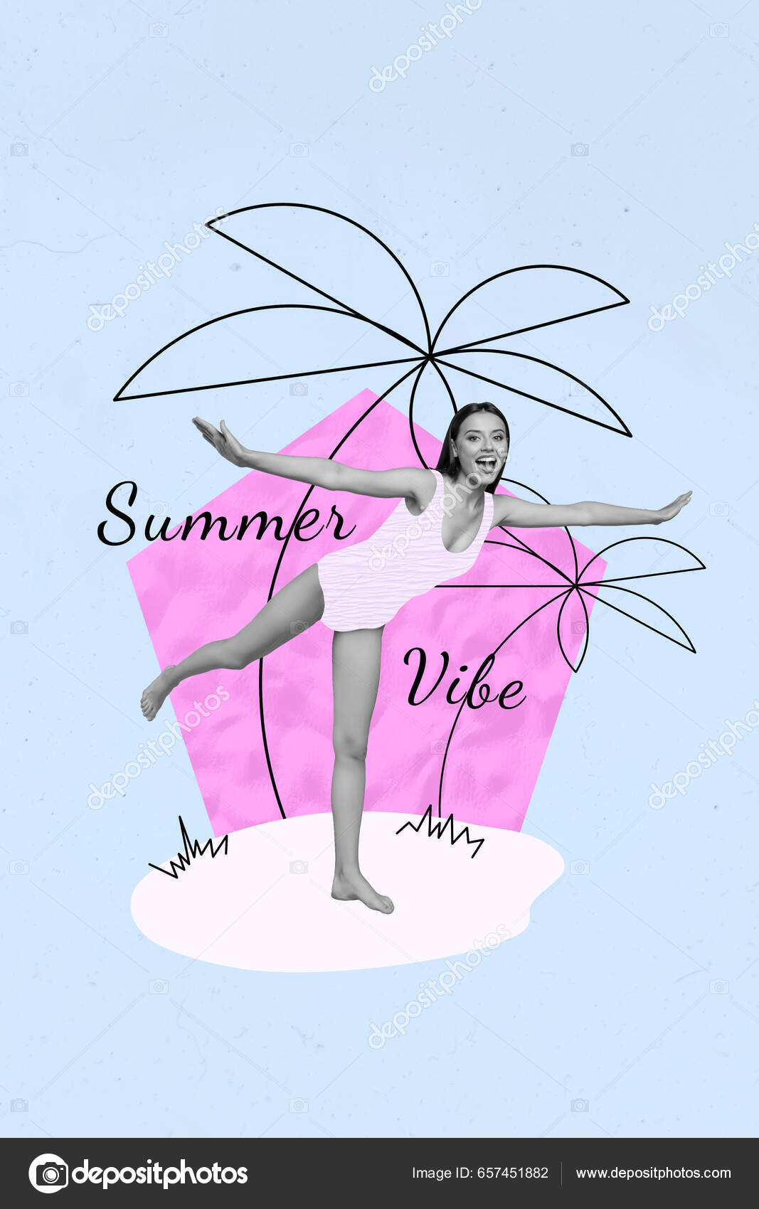 Vertical Collage Picture Excited Black White Effect Girl Stand One ...