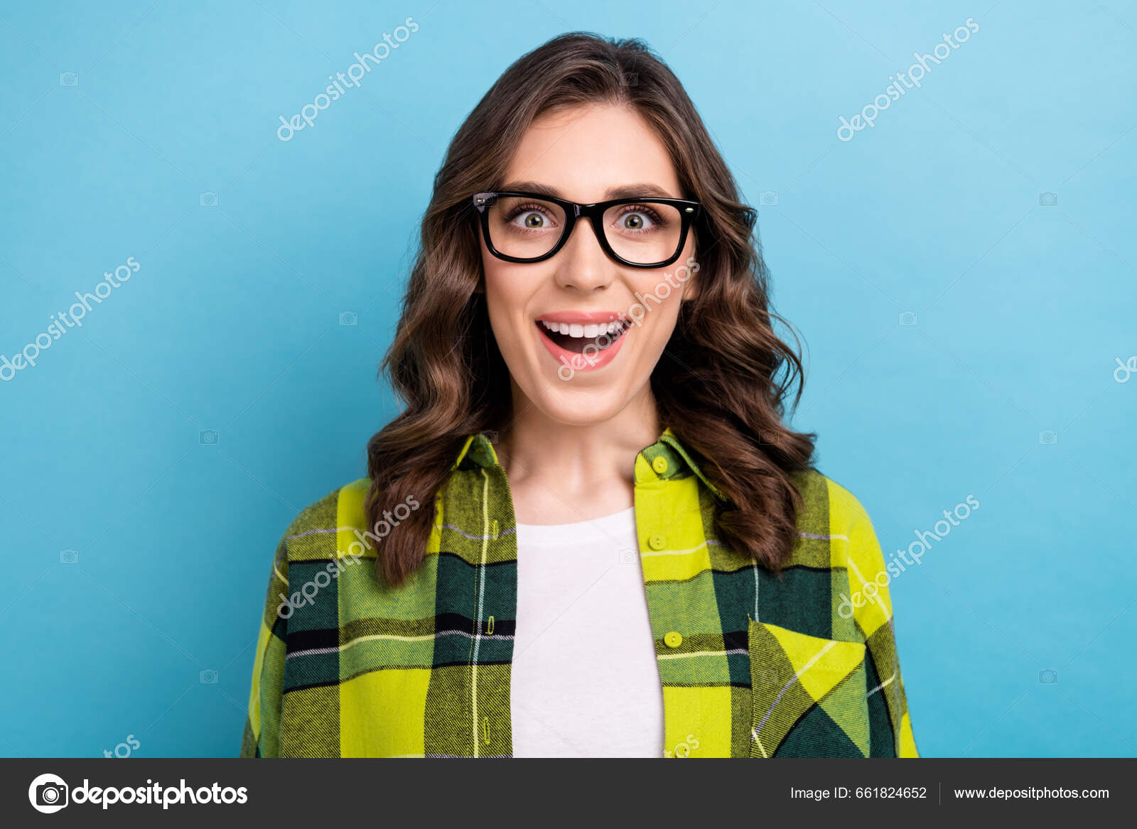 Photo Impressed Positive Lady Open Mouth Toothy Smile Unbelievable ...