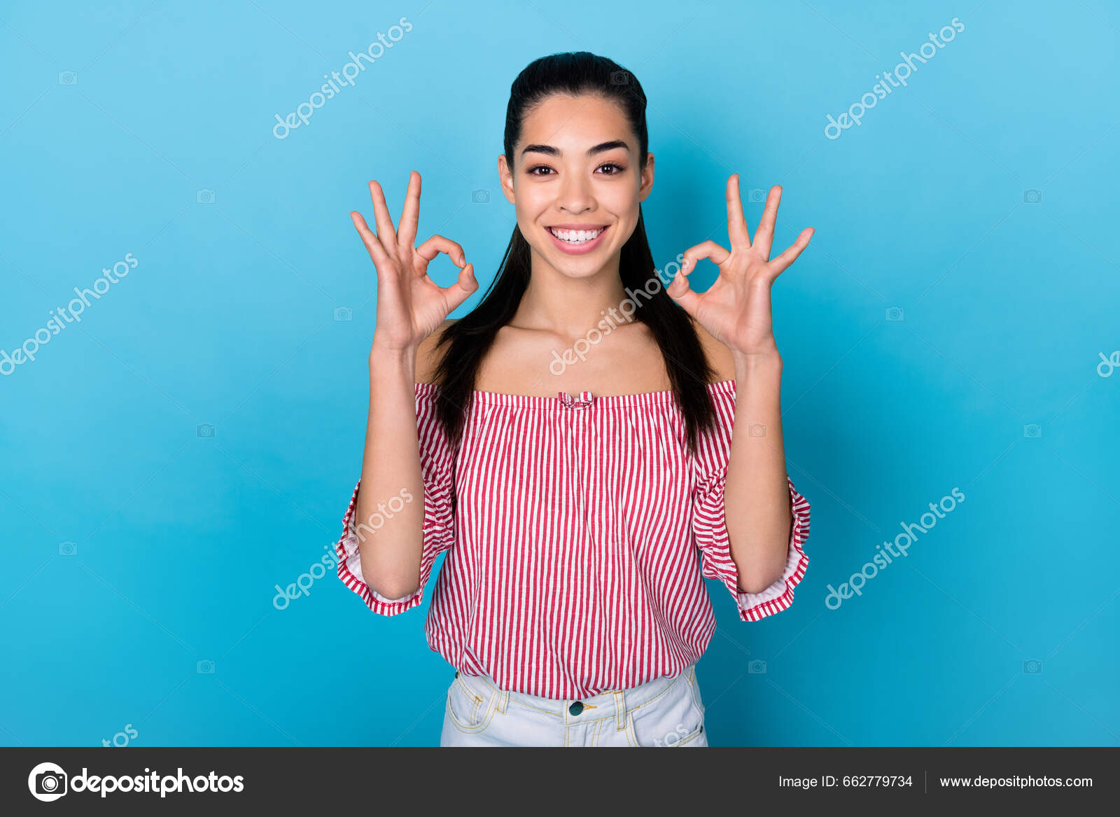Photo Japanese Young Girl Show Double Okey Symbols Feedback Toothy Stock Photo by ©deagreez1 ...