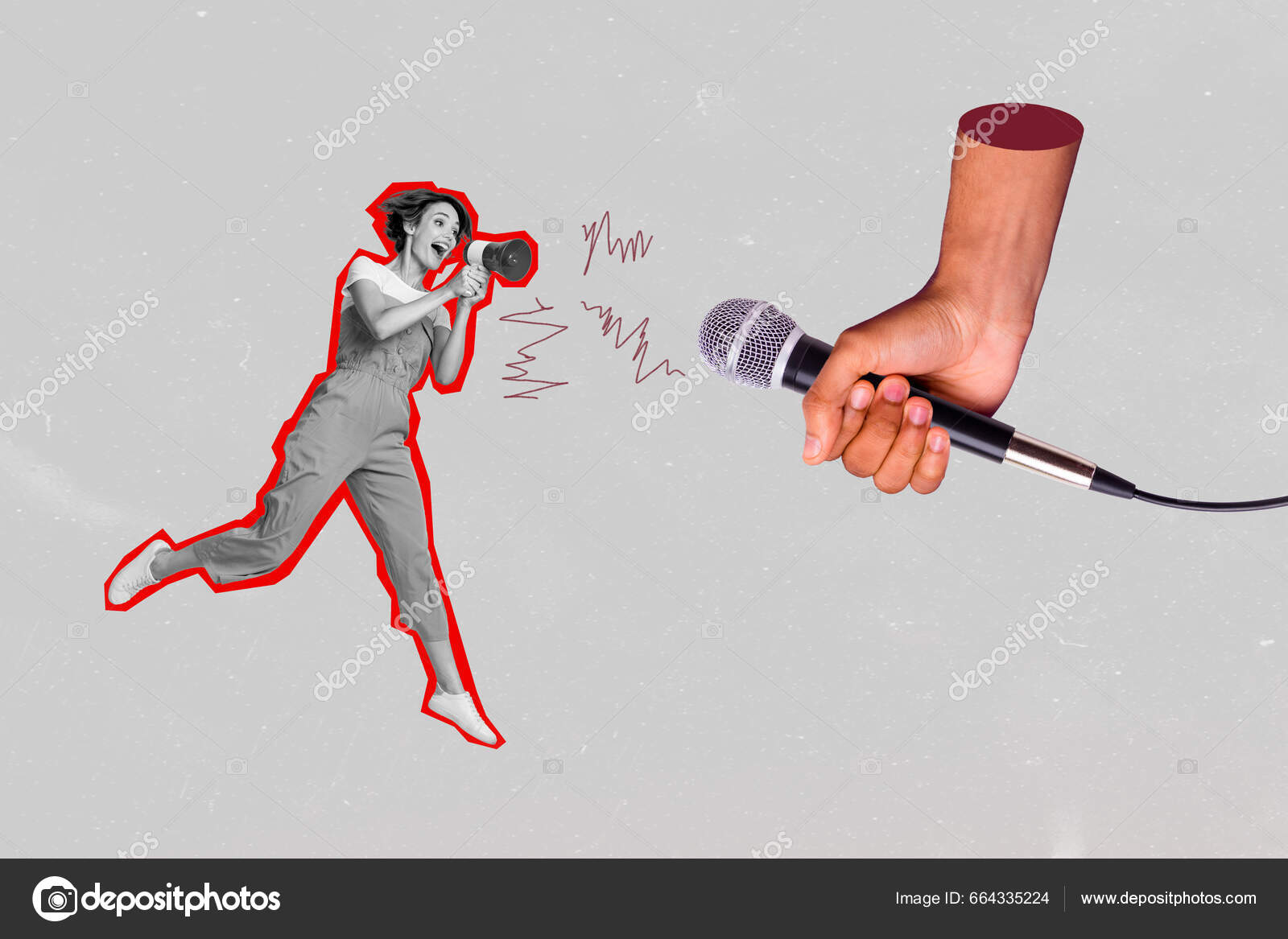 Collage Metaphor Woman Screaming Proclaim Bullhorn Huge Microphone ...
