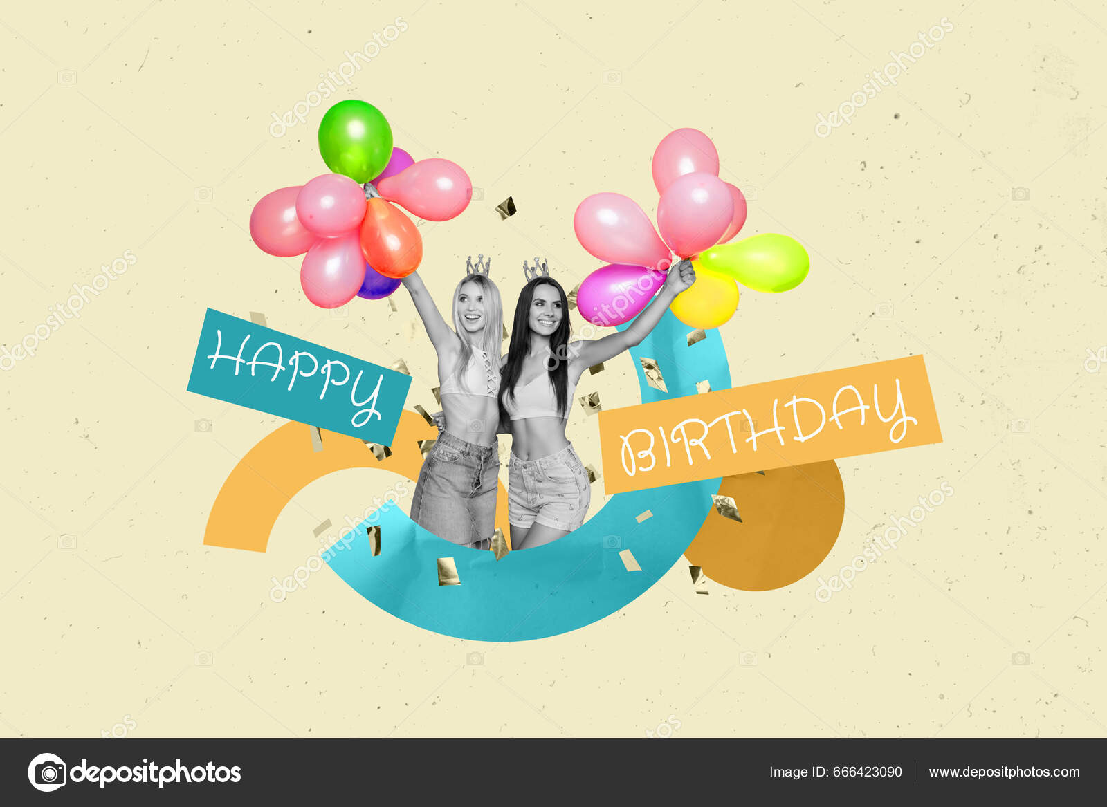 Creative Abstract Template Collage Two Pretty Lovely Young Female Hold