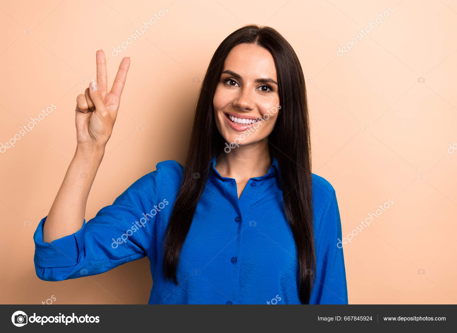 Photo Positive Adorable Girl Wear Blue Clothes Hand Showing Sign Stock ...