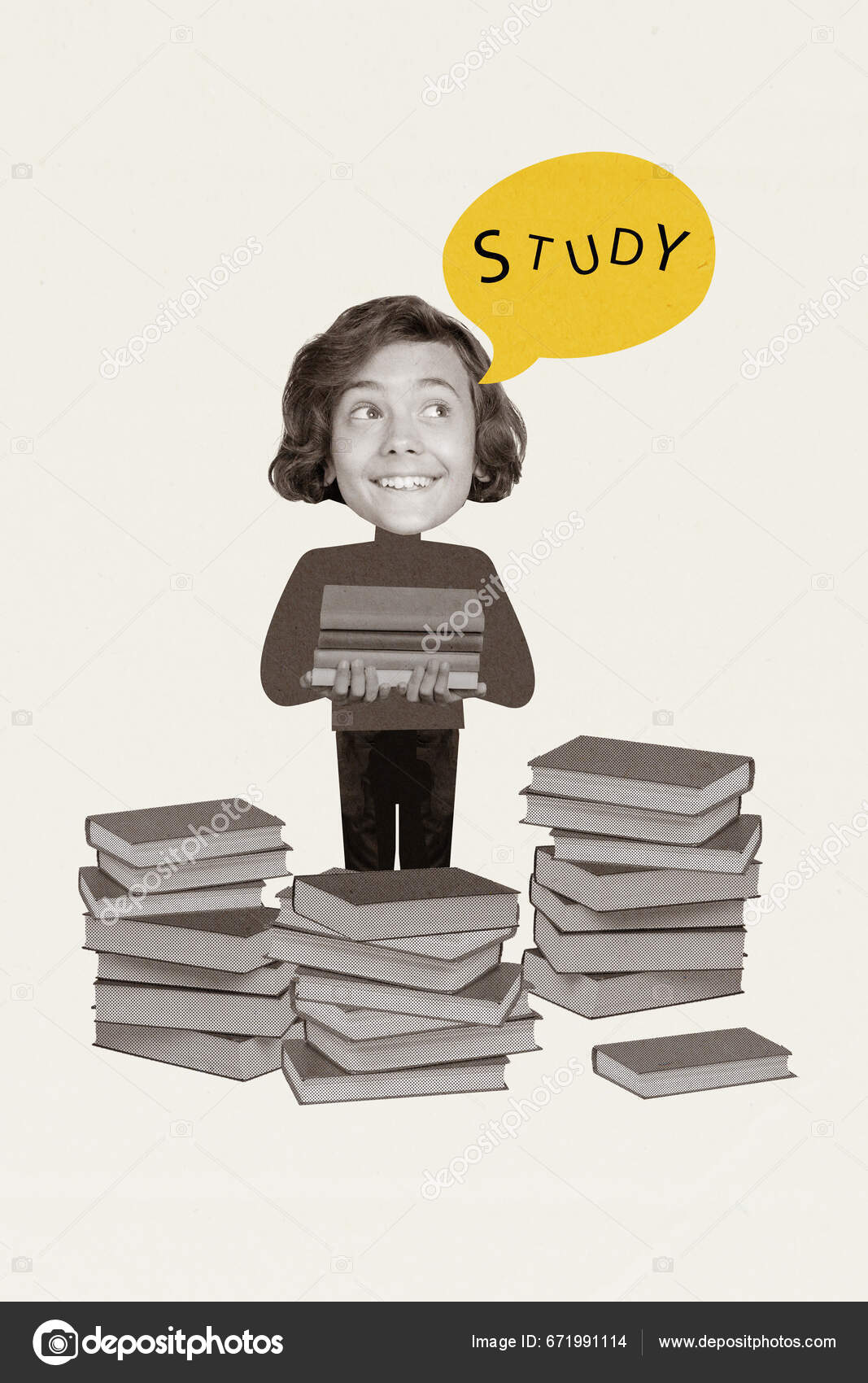 Vertical Photo Artwork Collage Diligent Pupil Boy Student Hold Book ...