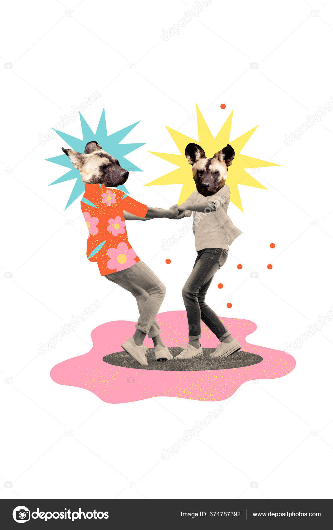 Vertical Collage Two Dancing Wild Animals Have Fun Hands Together ...