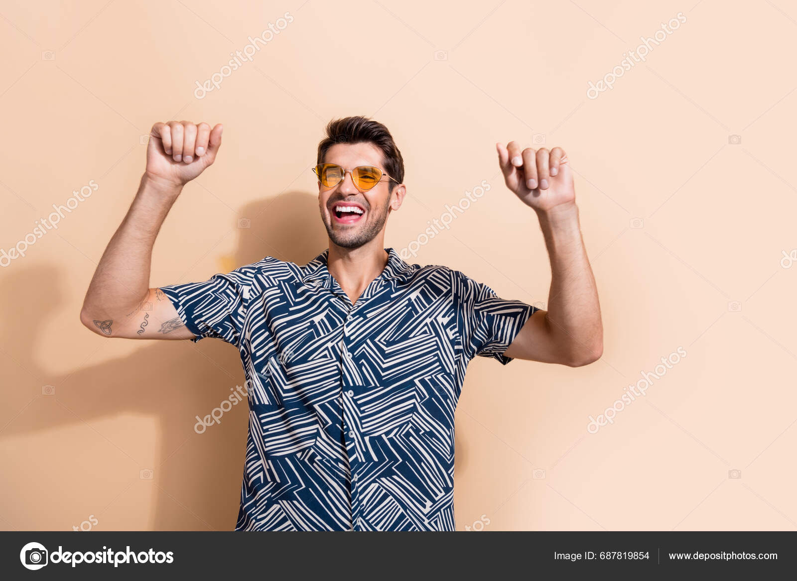 Photo Overjoyed Nice Good Mood Man Dressed Stylish Glasses Dancing ...