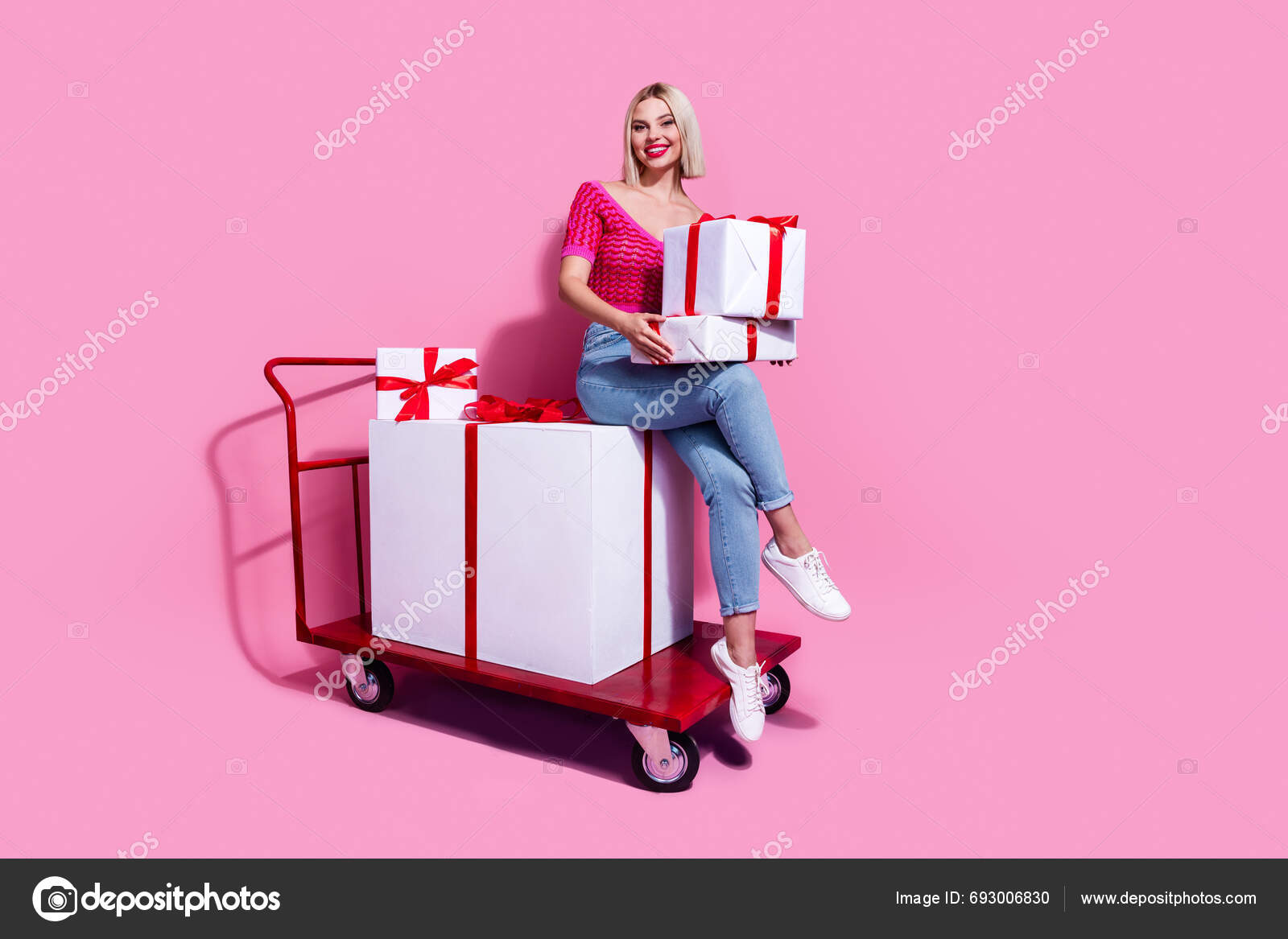 Full Length Photo Pleasant Adorable Woman Hold Gifts Sit Shopping Stock ...