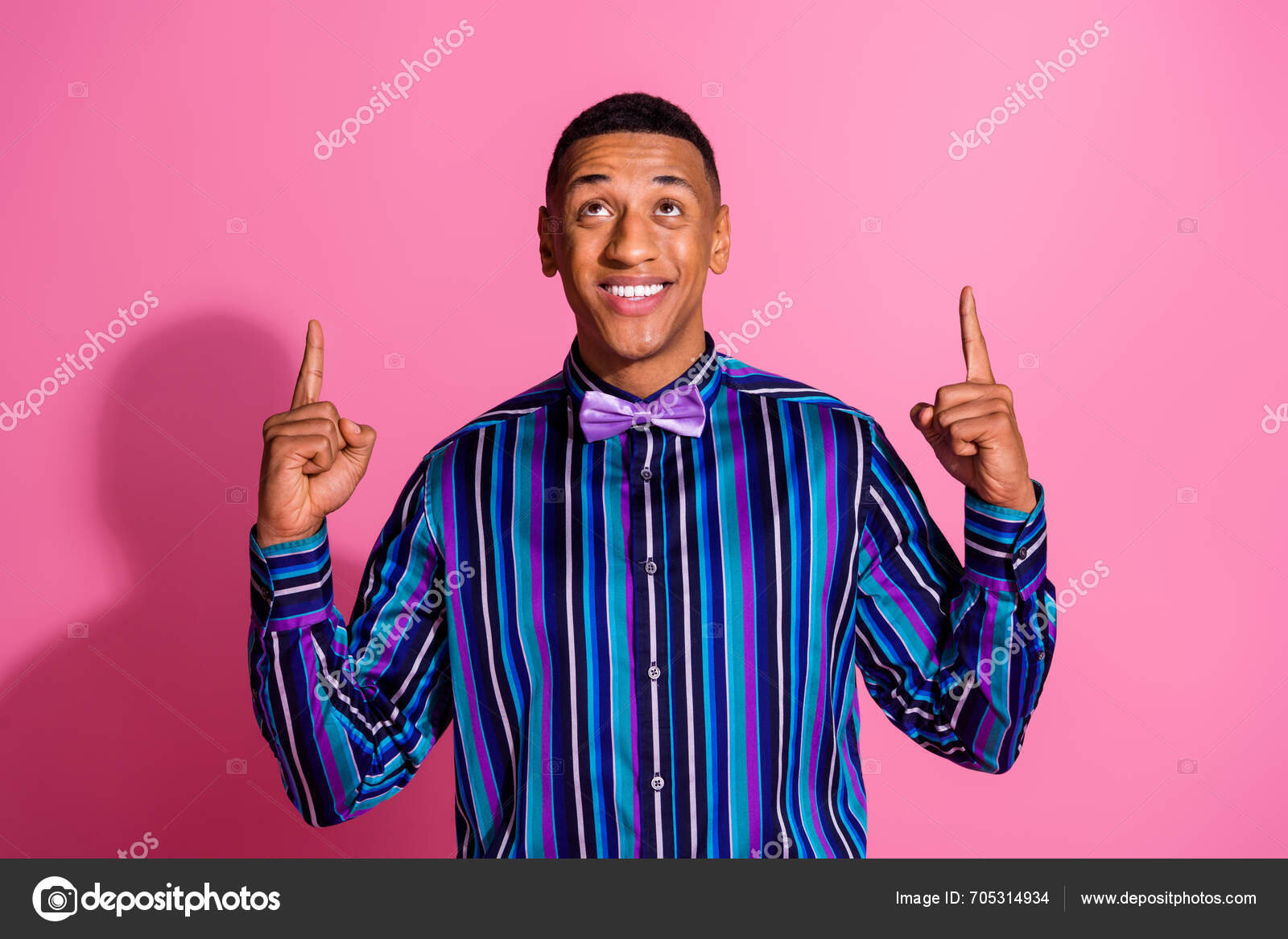 Photo Positive Dreamy Guy Wear Striped Shirt Looking Showing Two ...