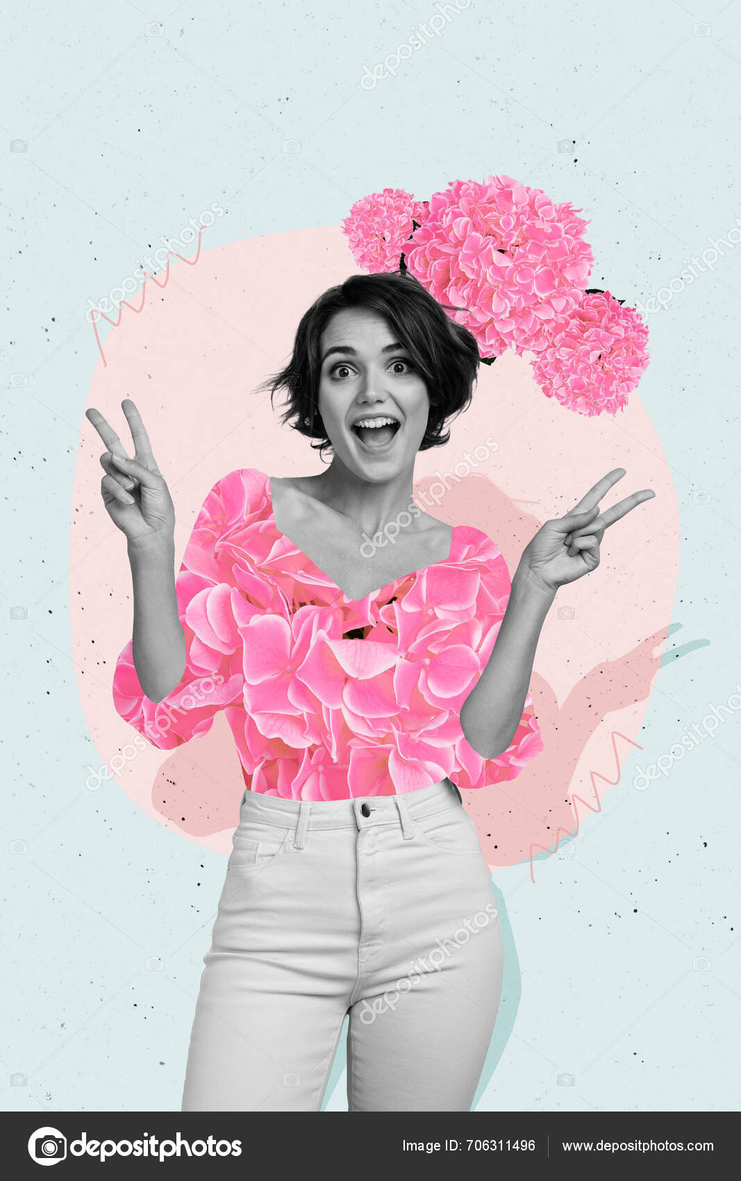 Vertical Photo Collage Positive Cheerful Girl Gesture Victory Hydrangea ...
