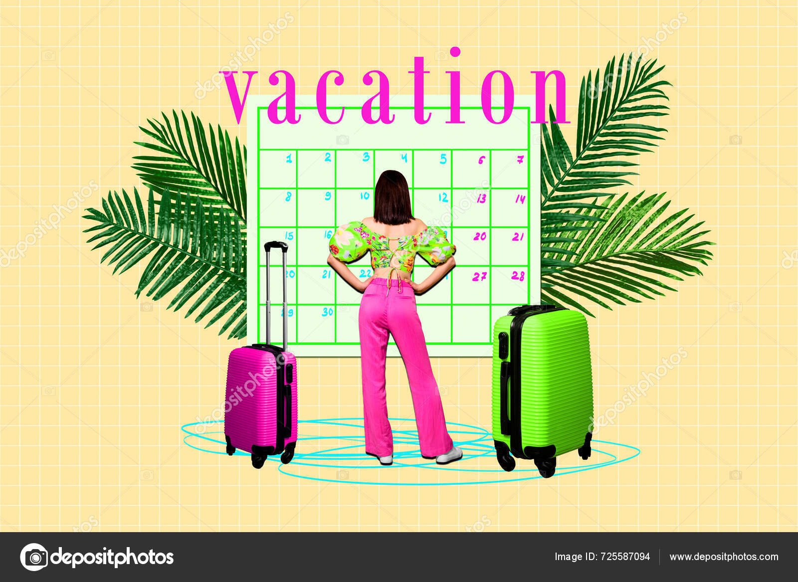 Composite Photo Collage Brunette Anonym Girl Stand Back Watch Calendar ...