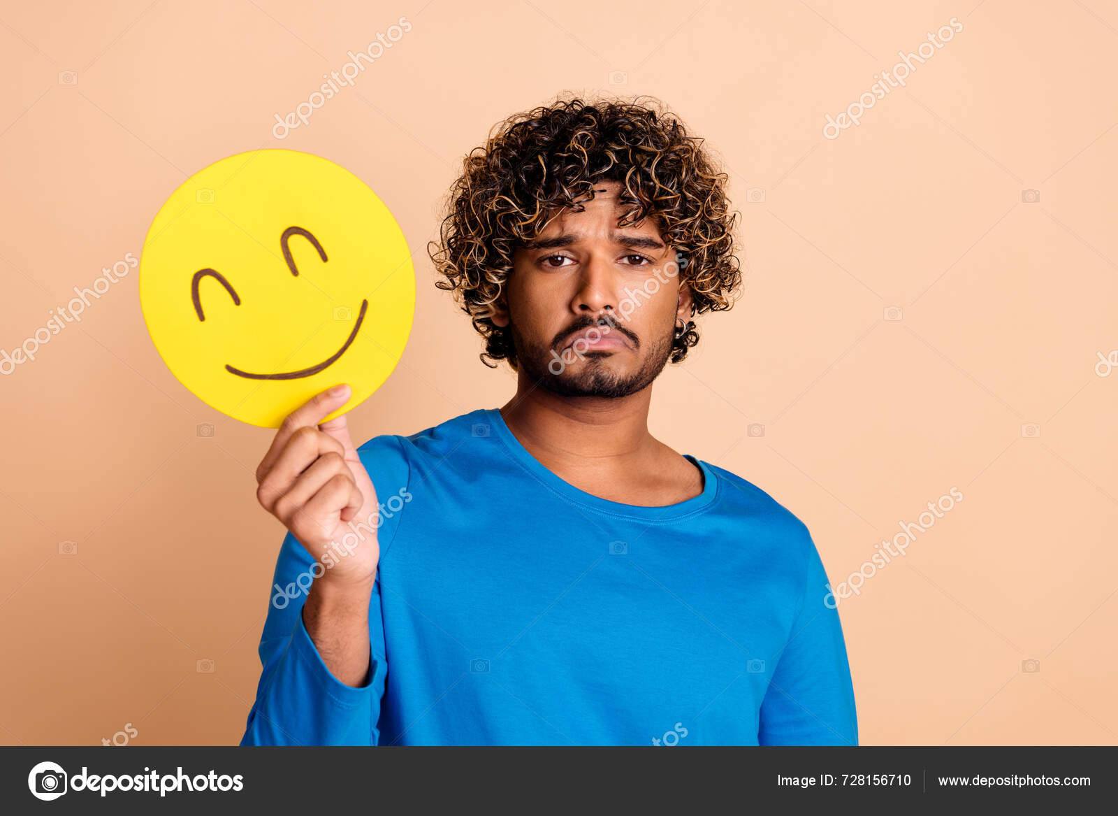Photo Sad Depressed Stressed Guy Wear Stylish Blue Clothes Hold — Stock ...