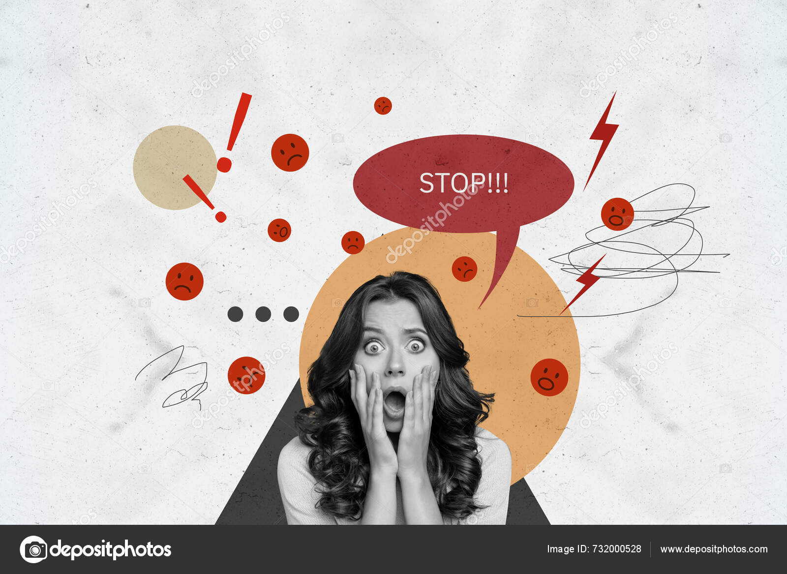 Composite Photo Collage Astonished Girl Bullying Concept Bad Emoji Fear ...