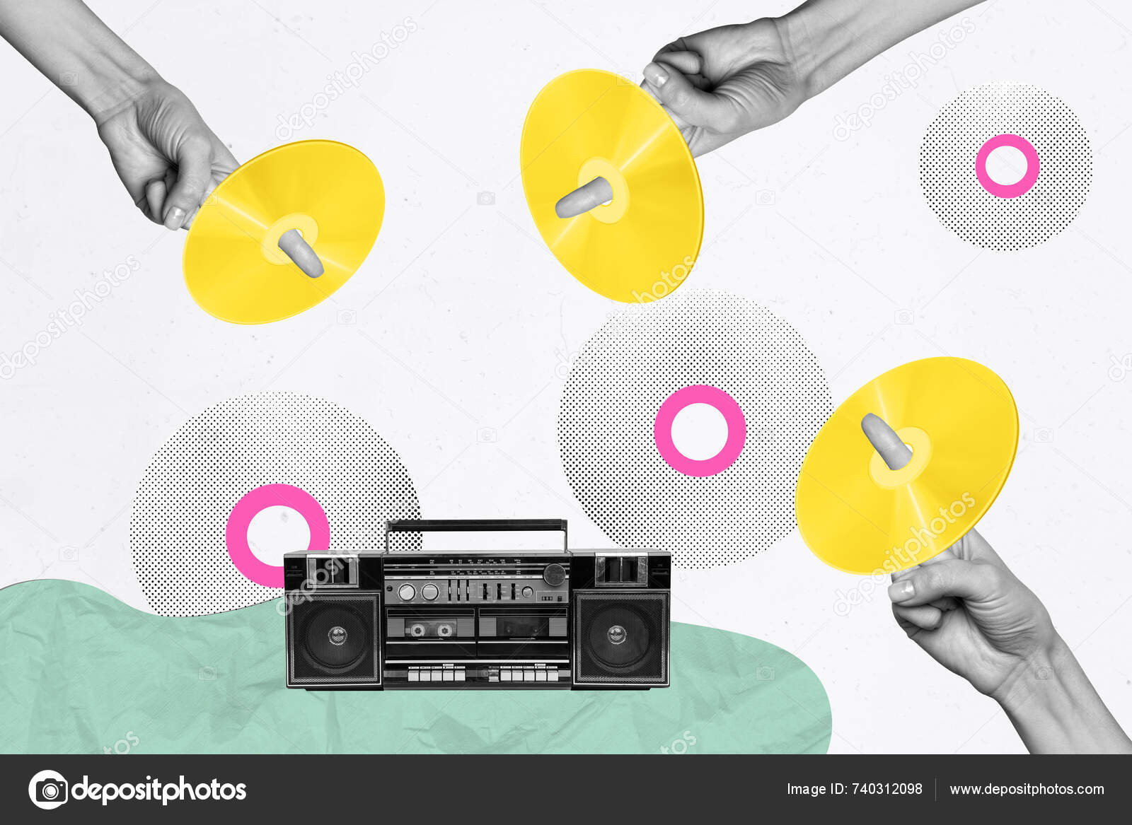 Composite Photo Collage Hands Fingers Hold Vinyl Disk Music Record ...