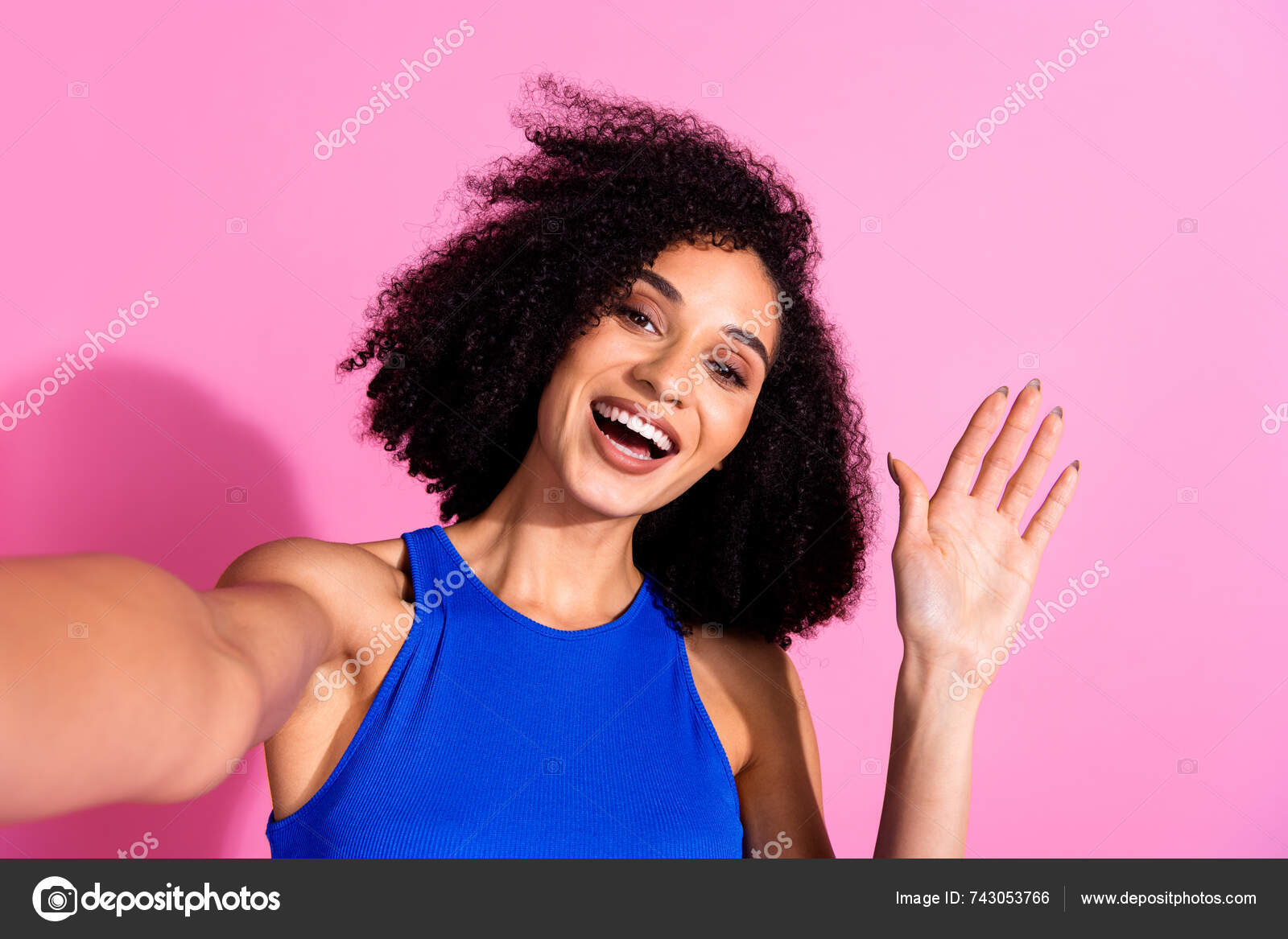 Photo Portrait Attractive Young Woman Take Selfie Photo Wave Hand